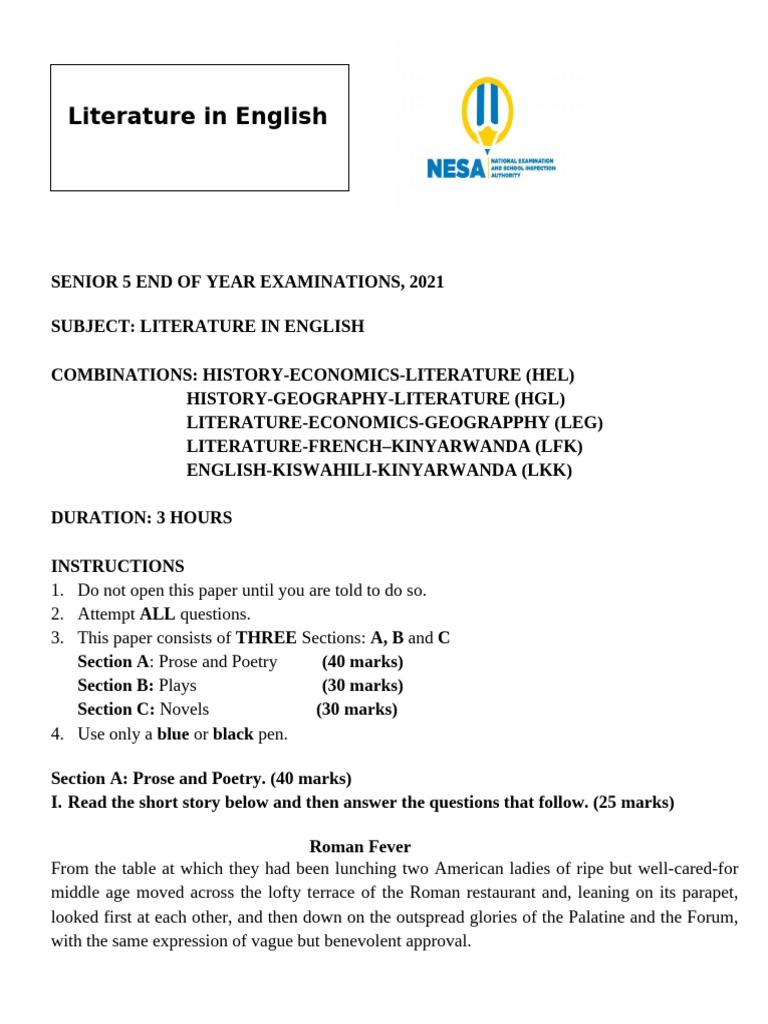 Literature in English EXAM OF THE THIRD TERM 2021 FOR S5 | PDF