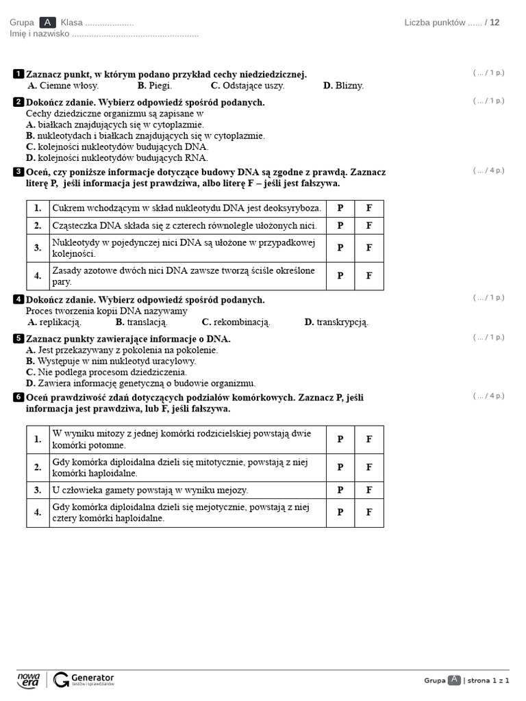 Kartkówka - Genetyka - Lekcje 1, 2, 3 Test (Z Widoczną Punktacją) | PDF