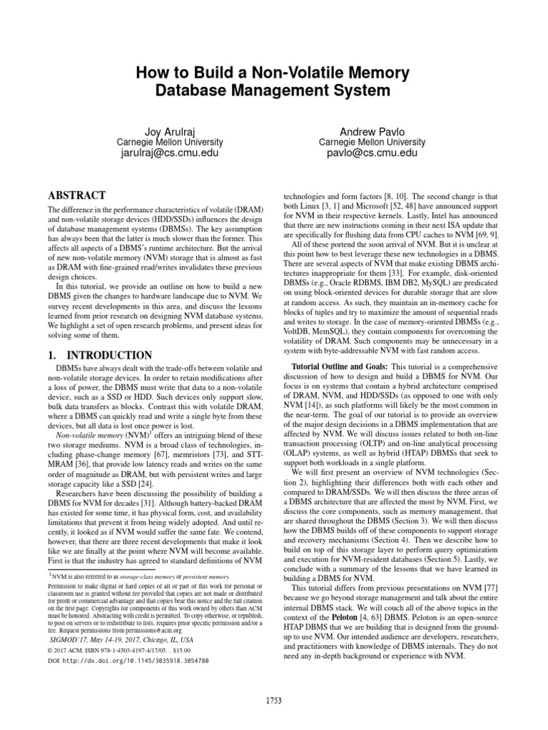 P1753-Arulraj Non Volatile Memory Database Management Systems | PDF | Databases | Computer Data ...