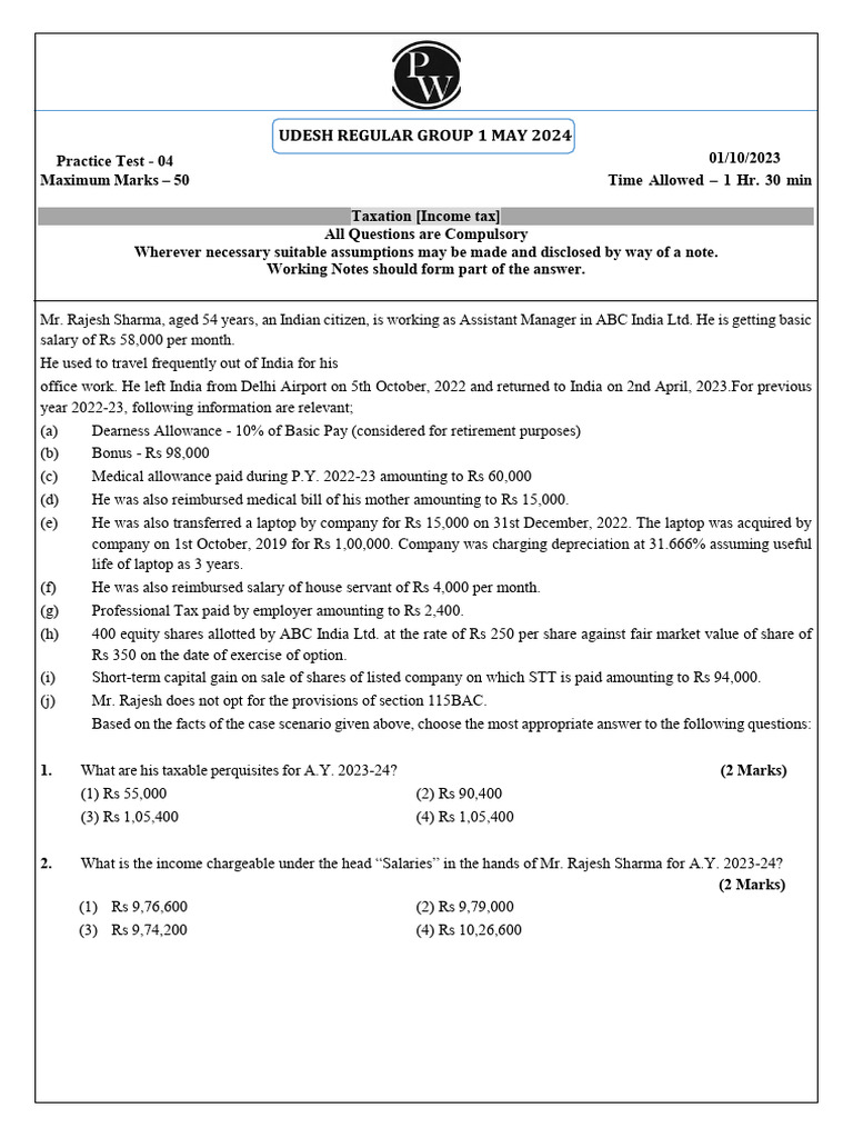 Income Tax Practice Test 2023-24 | PDF | Taxes | Employee Benefits