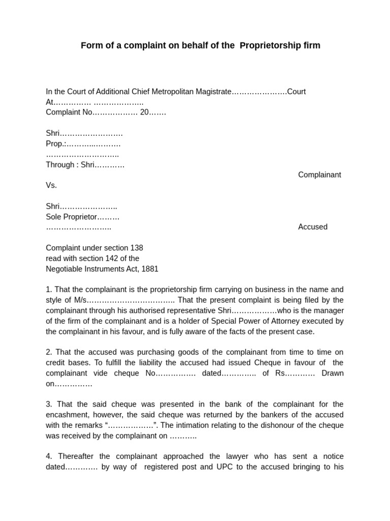 Form of A Complaint On Behalf of The Proprietorship Firm | PDF | Cheque ...