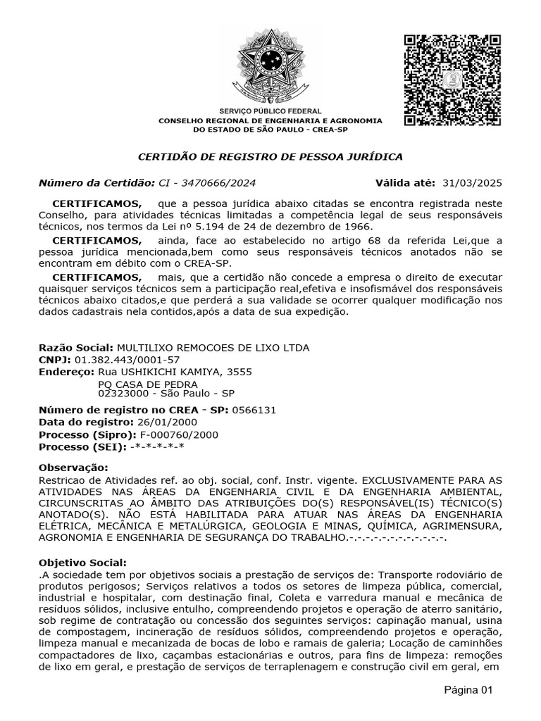 Multilixo - Crea - Certidão de Registro de Pessoa Jurídica - Val. 31-03-2025 | PDF | Desperdício ...