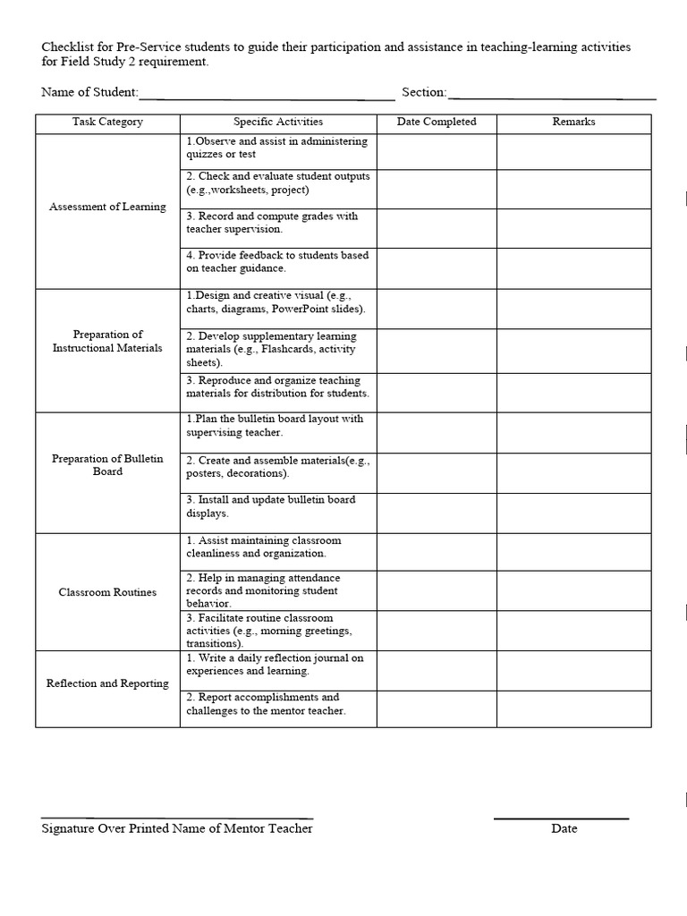 Checklist For Pre-Service | PDF