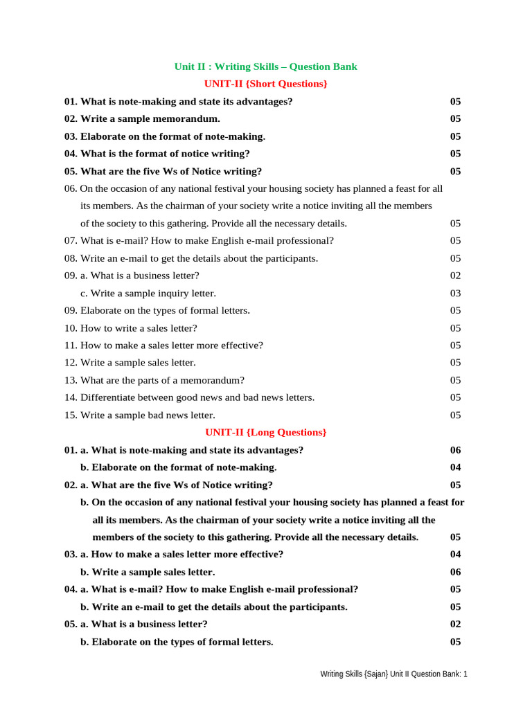 Writing Skills Question Bank Unit II | PDF | Human Communication