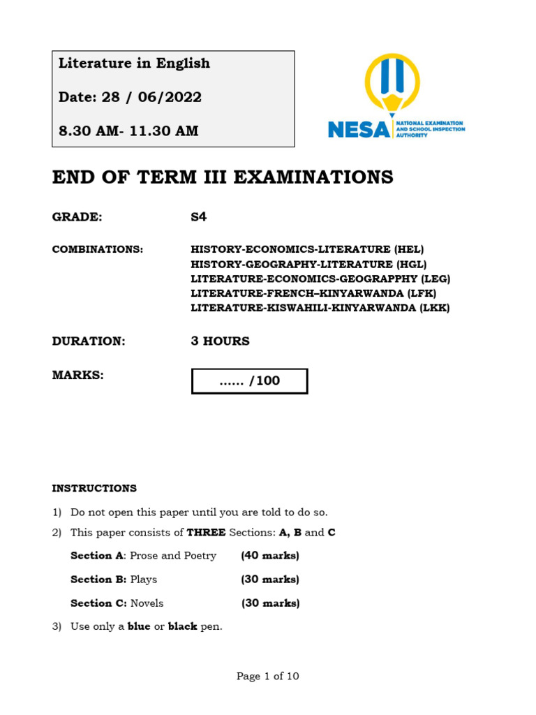 S4 English Literature Exam Paper | PDF
