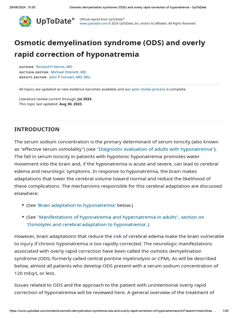 Osmotic demyelination syndrome (ODS) and overly rapid correction of ...