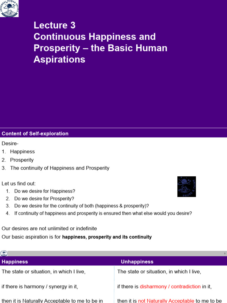 UHV II Lecture 3 - Happiness and Prosperity v4 | PDF | Psychology | Emotions