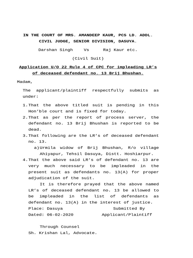 App For LRs of Darshan S Vs Raj Kaur Etc. | PDF