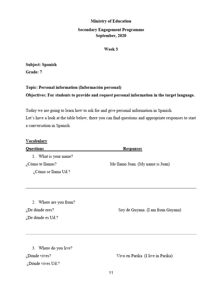 7th Grade Spanish: Personal Info Guide | PDF