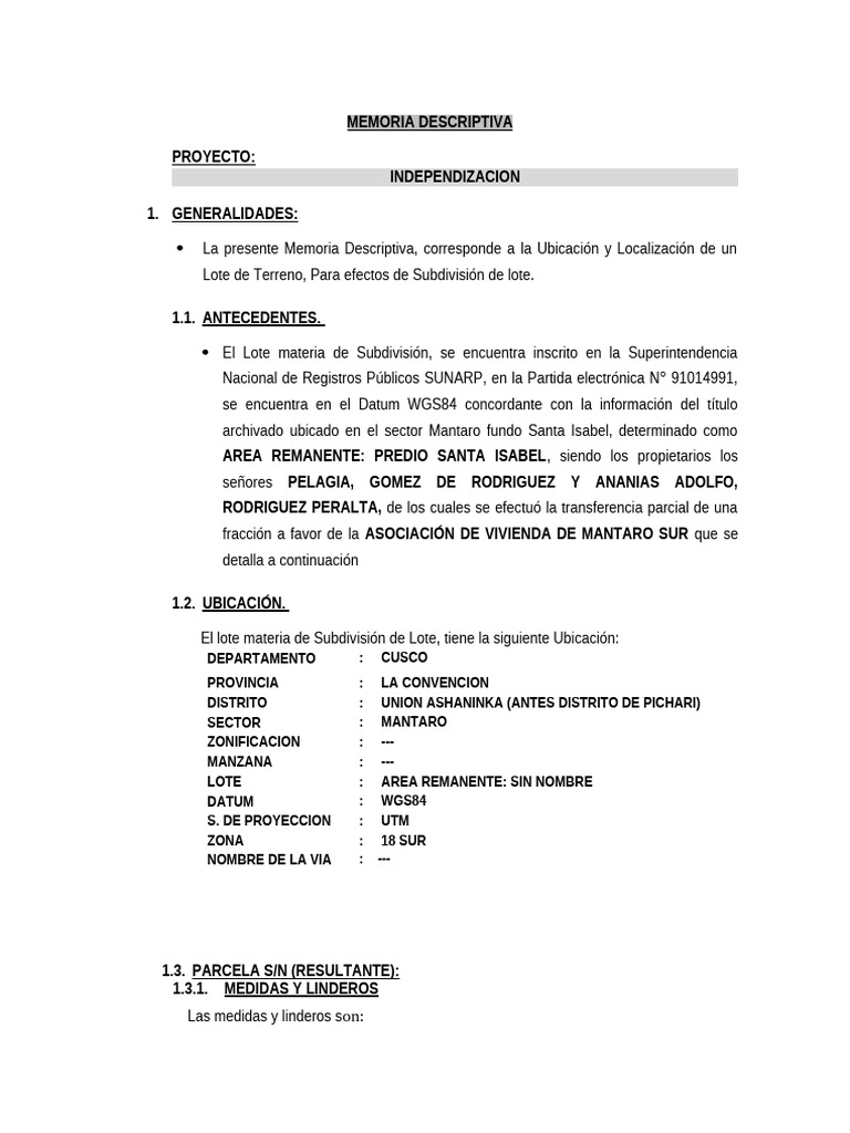Subdivisión de Lote en Mantaro, Cusco | PDF | Geodesia