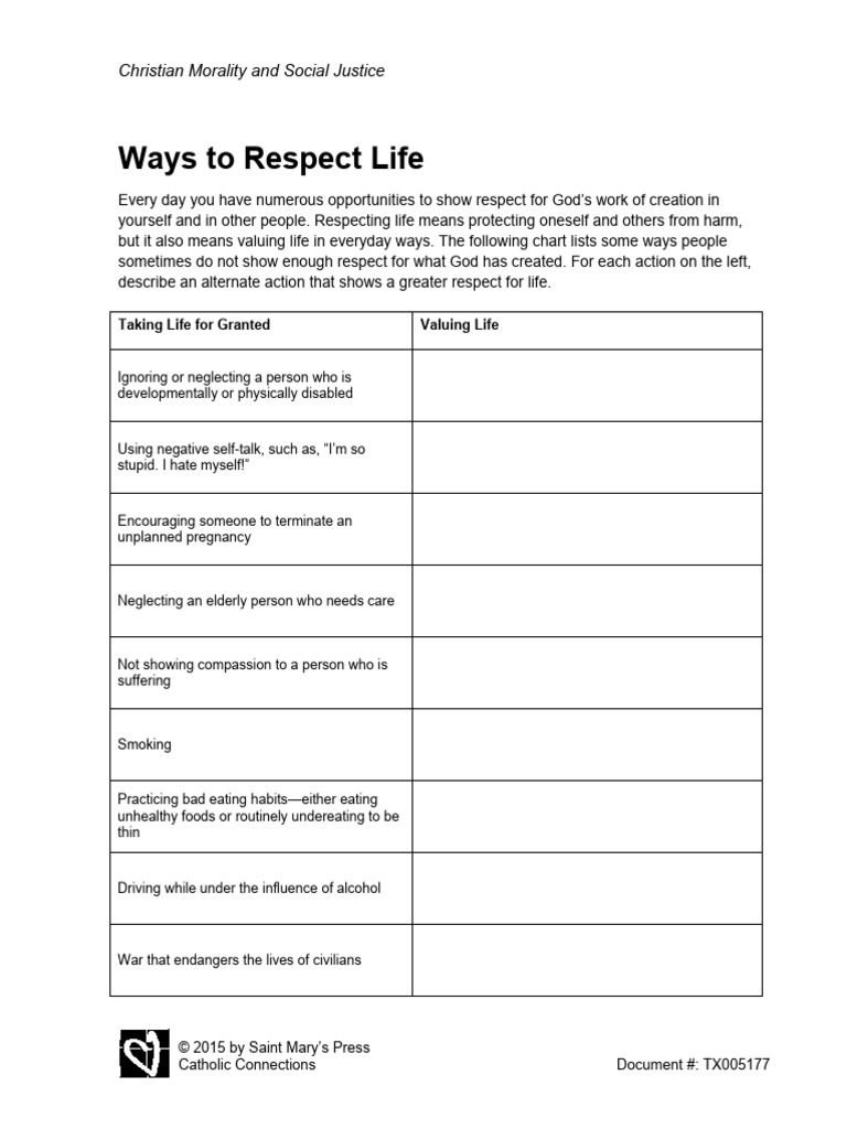 TX005177 2 B Handout Ways To Respect Life | PDF