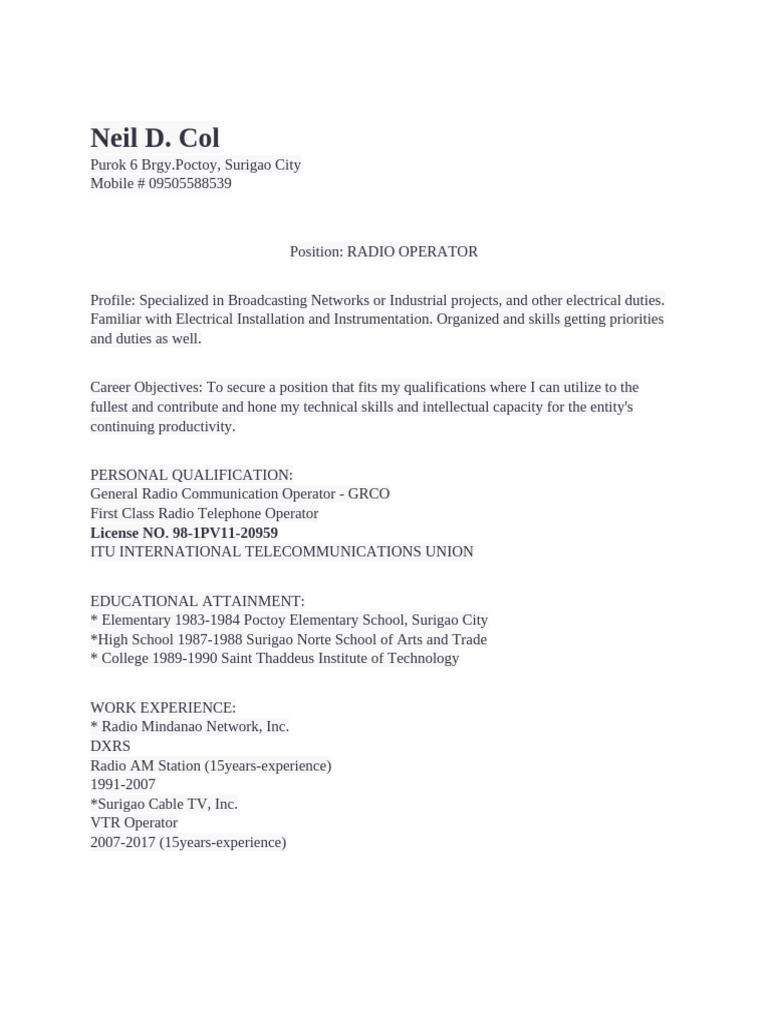 Radio Operator Profile: Neil D. Col | PDF