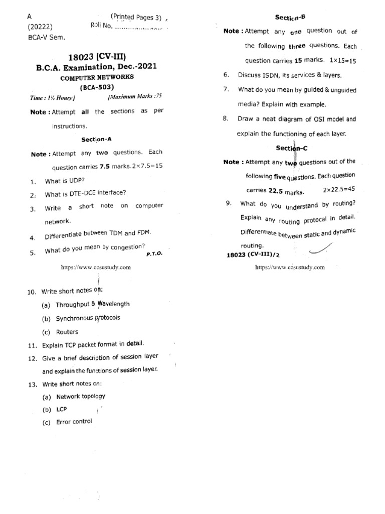 Bca 5 Sem Computer Networks 18023 Cv3 Dec 2021 | PDF