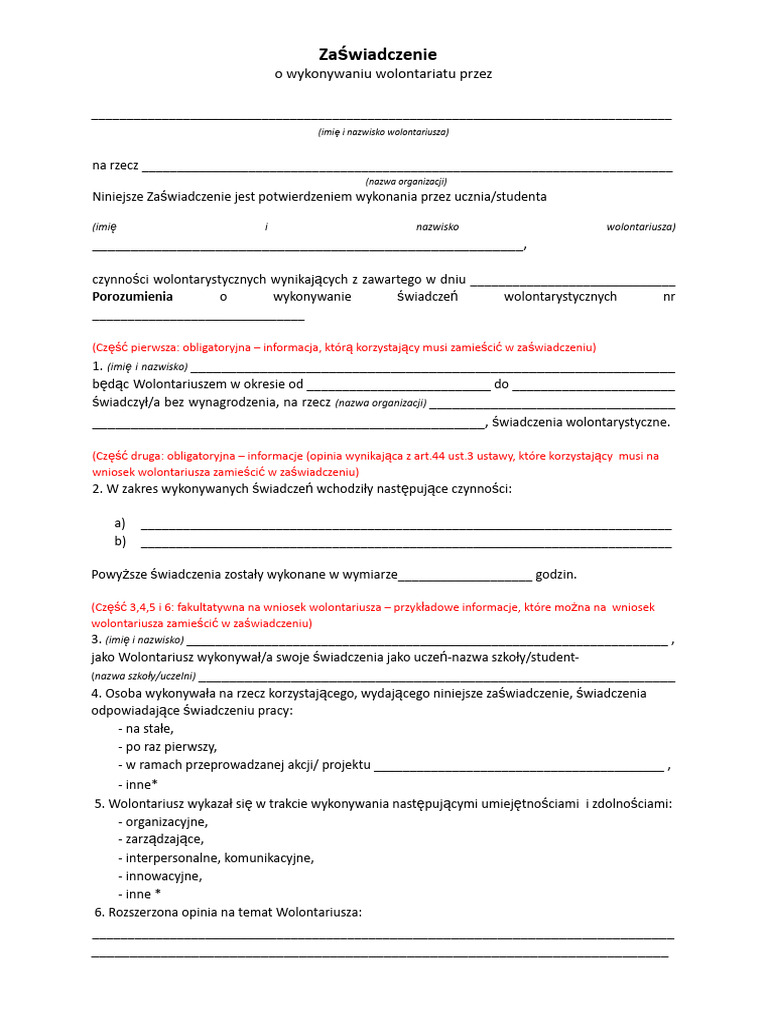 Zaswiadczenie Woloontariat | PDF