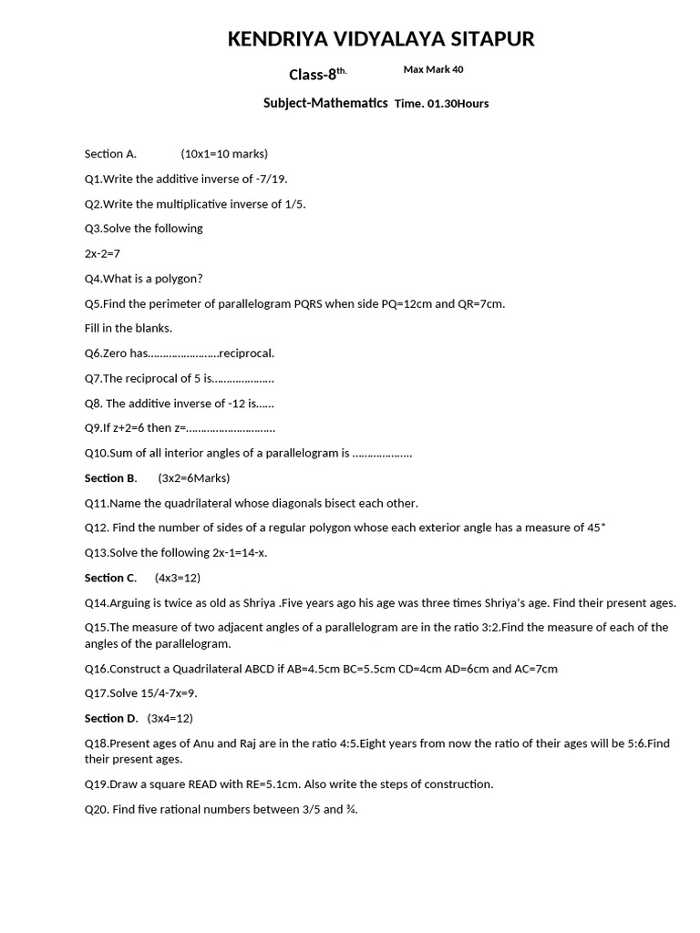 Class Viii Maths Pt I 2019 20 Pdf