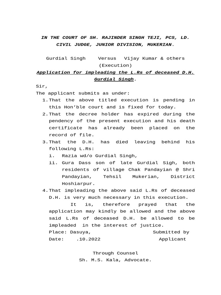 M.S. Kala, Adv. App For Impleading LRs of Gurdial S Vs Vijay KUmar Etc. | PDF | Civil Law ...