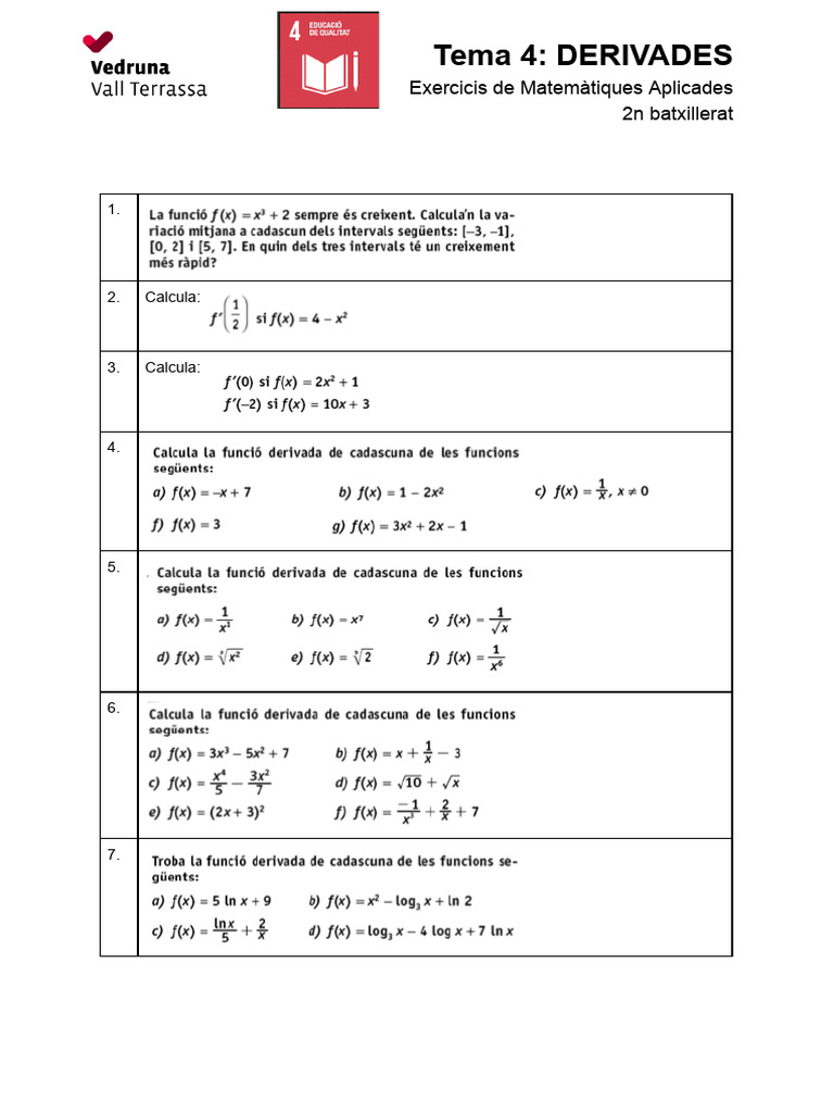 Exercicis Tema 4 - DERIVADES | PDF