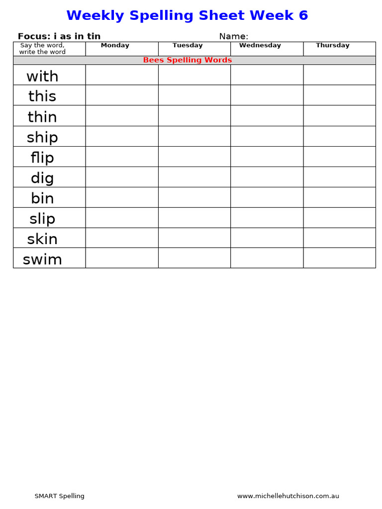 Bees SMART Spelling Weekly Worksheet | PDF