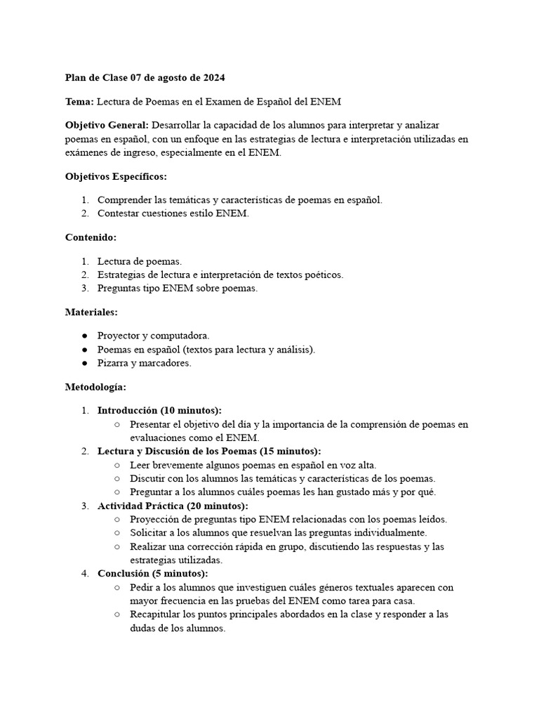 Plan de Clase 07 de agosto de 2024 | PDF