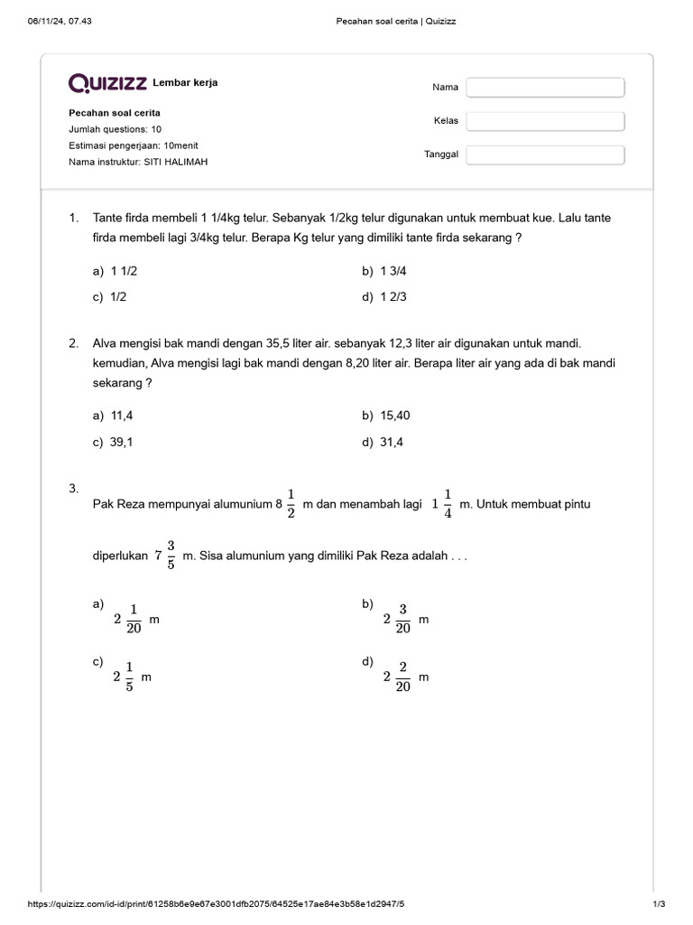 Quizizz - Pecahan Soal Cerita | PDF
