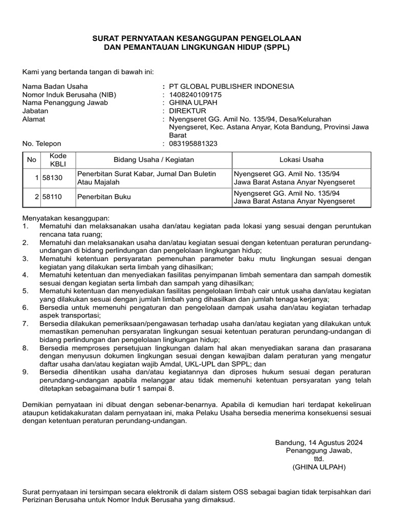 Surat Pernyataan Kesanggupan Pengelolaan Dan Pemantauan Lingkungan ...