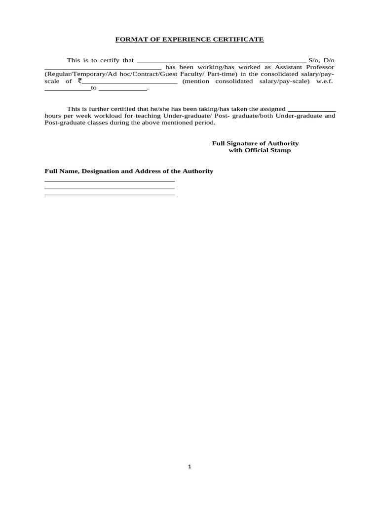 Assistant Professor Experience Certificate Format | PDF