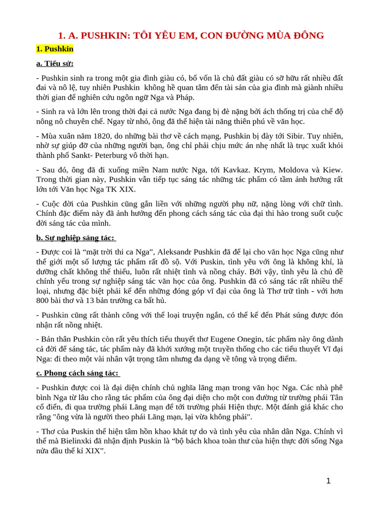 ĐỀ CƯƠNG ÔN TẬP VH NGA SLAV | PDF