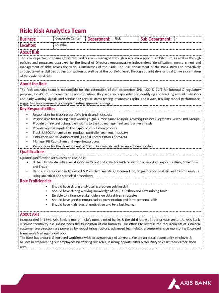 Risk JD- Risk Analytics Team (1) | PDF | Analytics | Risk