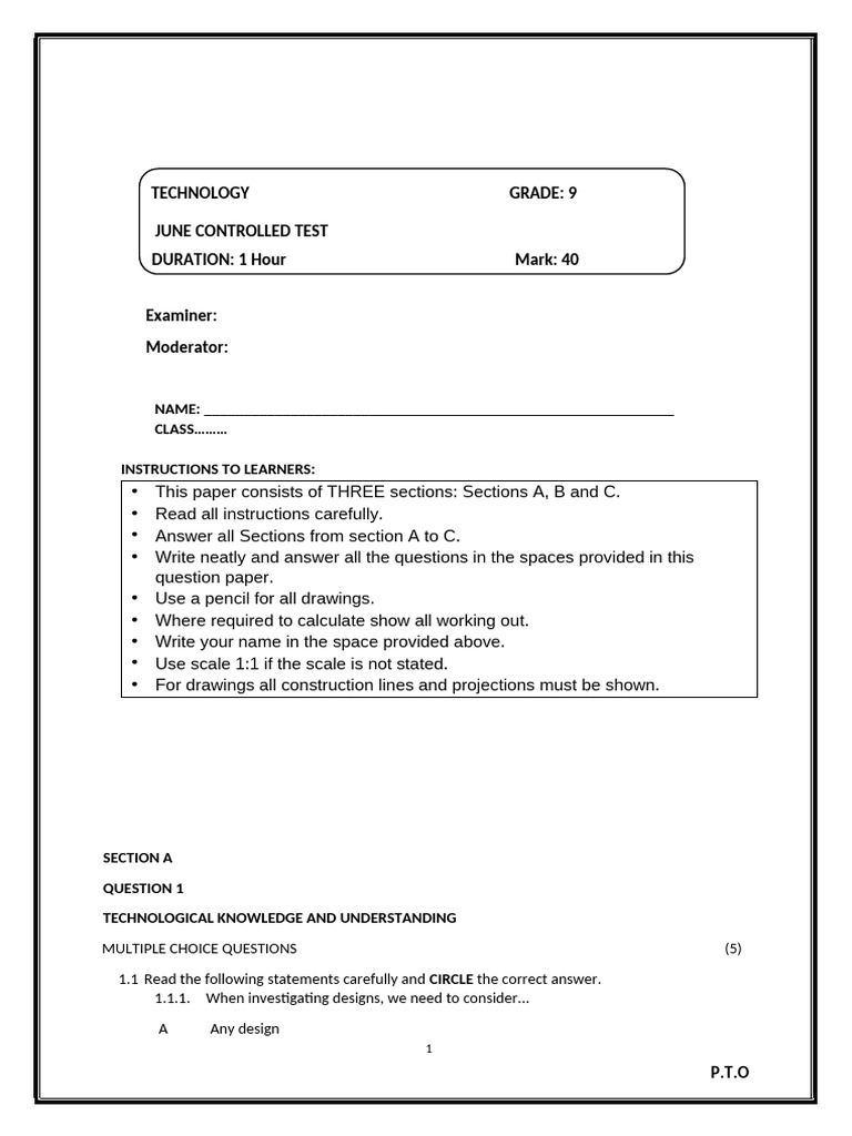 Grade 9 Technology Controlled Test Question Paper | PDF | Flood