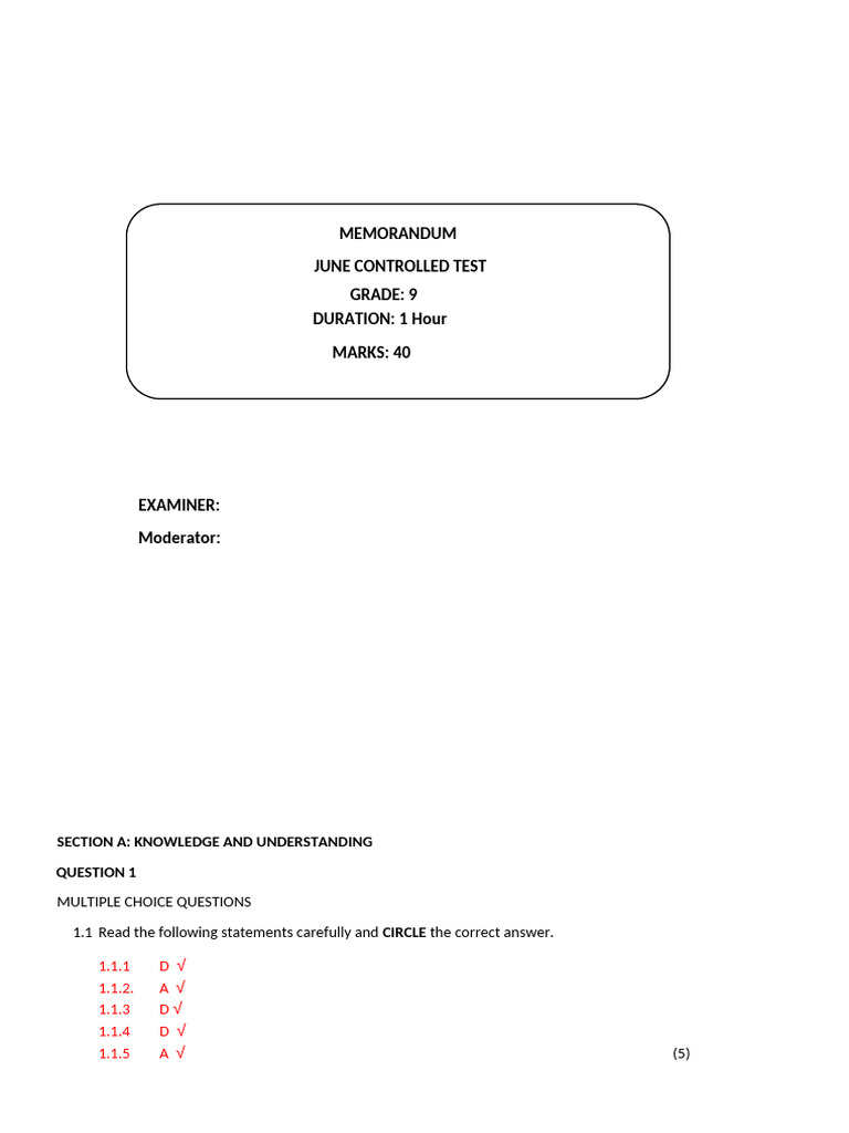 Grade 9 Technology Exam Memorandum | PDF | Flood