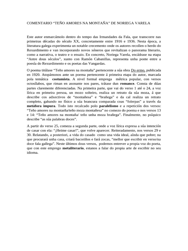 COMENTARIO Teño amores na montaña de NORIEGA VARELA | PDF