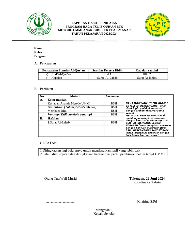 Penilaian Program BTQ Metode Ummi 2023/2024 | PDF