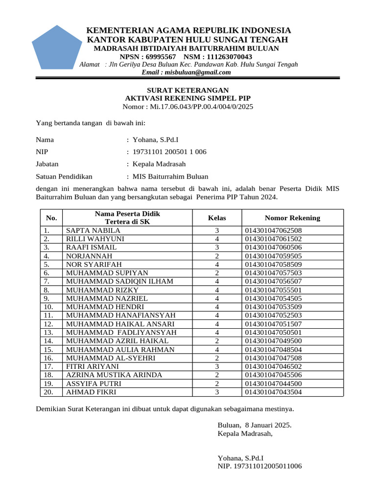 Surat Keterangan AKTIVASI REK PIP | PDF