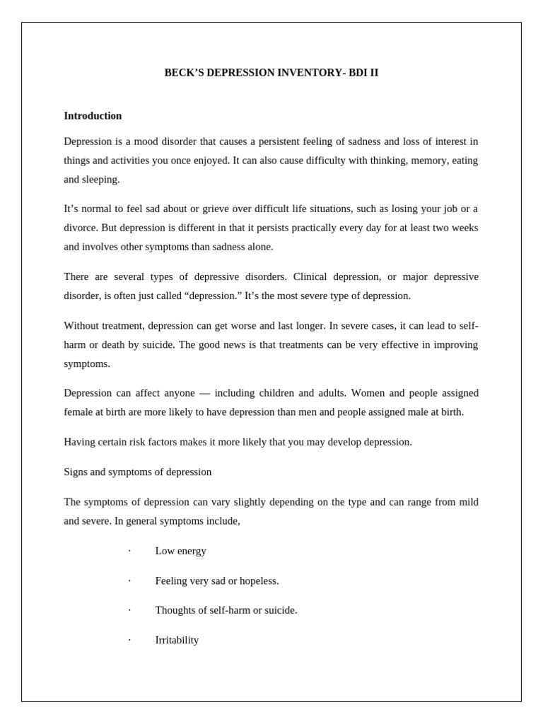 Beck’s Depression Inventory- Bdi II (1) | PDF | Diseases And Disorders ...
