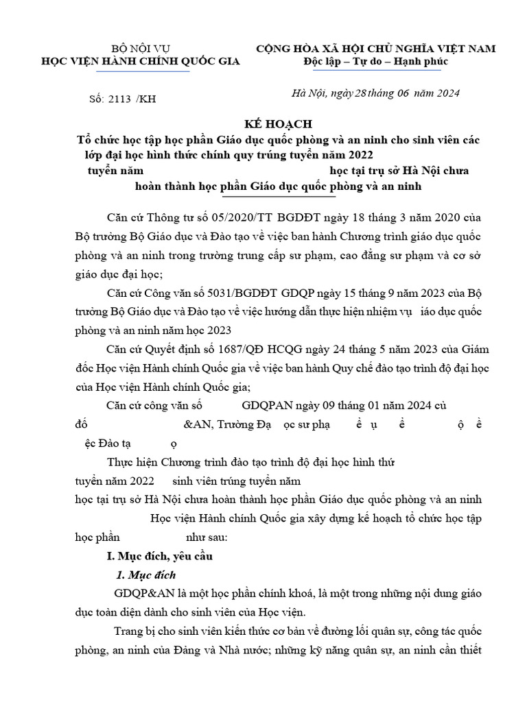 Ke Hoach Hoc Tap Gdqp&an - Khoa 2022 (6-2024) KHLN - l1 (1) Docx | PDF