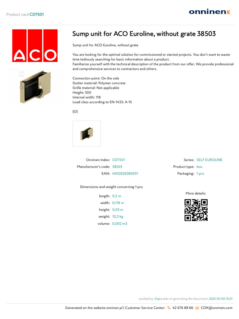 Card ACO Sump Unit For ACO Euroline Without Grate 38503,204921 | PDF