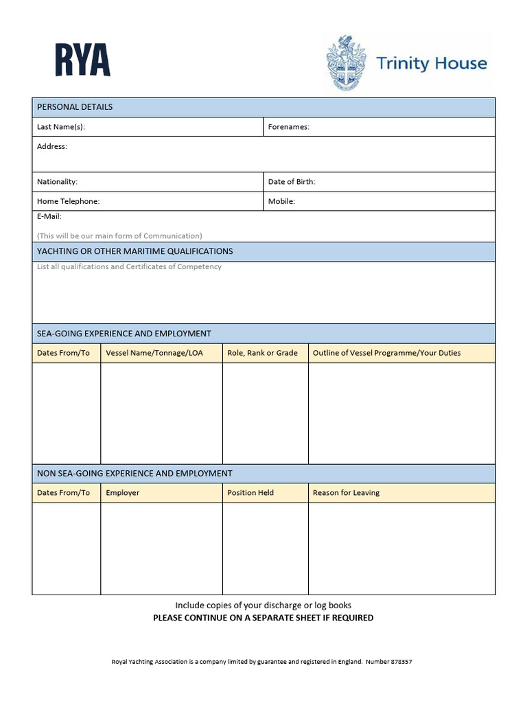 127 4f1 RYA - Trinity House Application Form | PDF | Water Transport