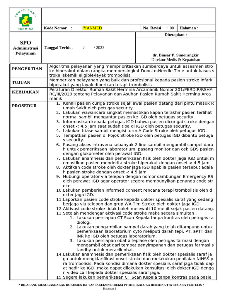Prosedur Code Stroke IGD Hermina | PDF