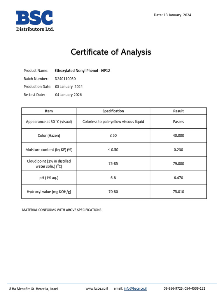 Certificate of Analysis for NP12 | PDF