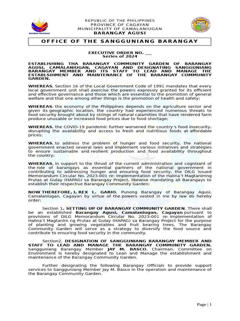 Eo Designating SBM To Manage Barangay Community Garden | PDF | Food ...