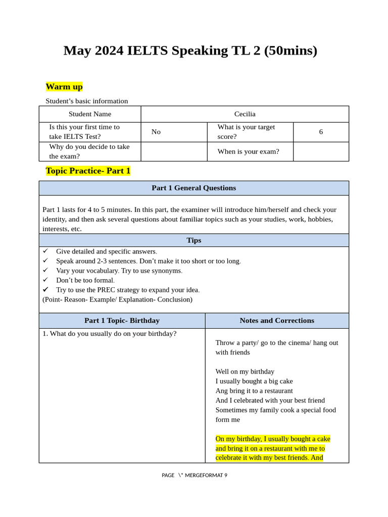 IELTS TL2 Practice Lesson CECILIA | PDF | Question | Birthdays