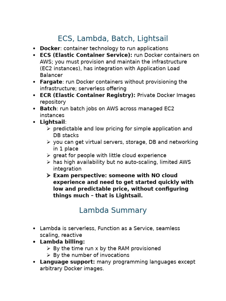 Lambda, ECS, ECR, Batch, Lightsail summary | PDF