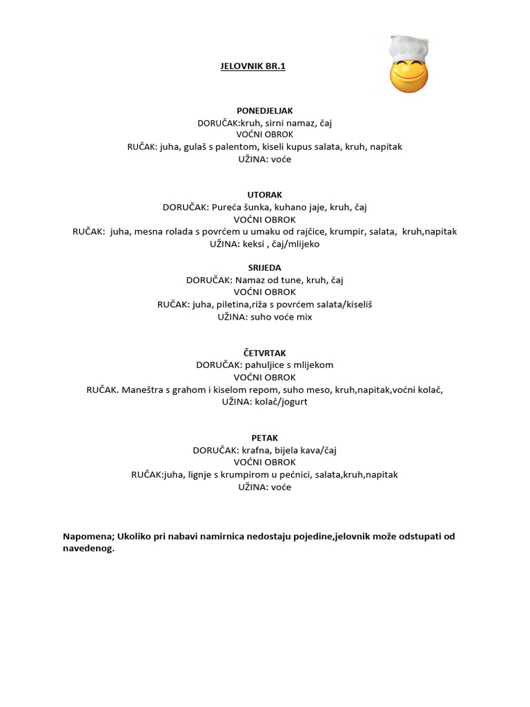 Jelovnik BR 1 | PDF
