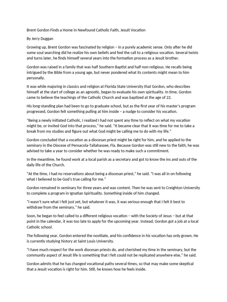 Brent Gordon Story Draft TM, BG | PDF | Catholic Church | Faith