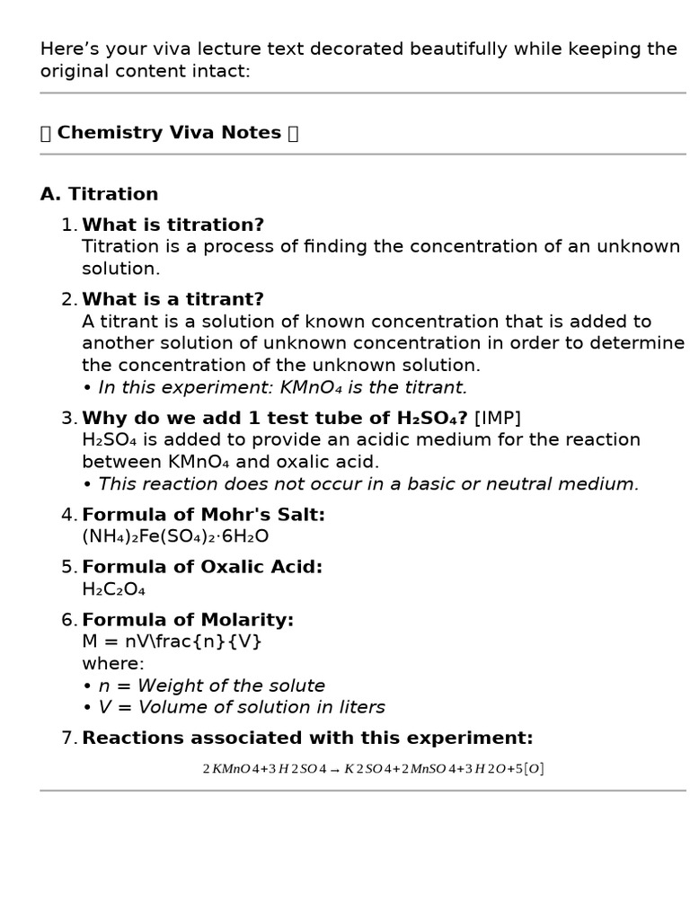 Chemistry Viva Practical | PDF | Titration | Chemistry