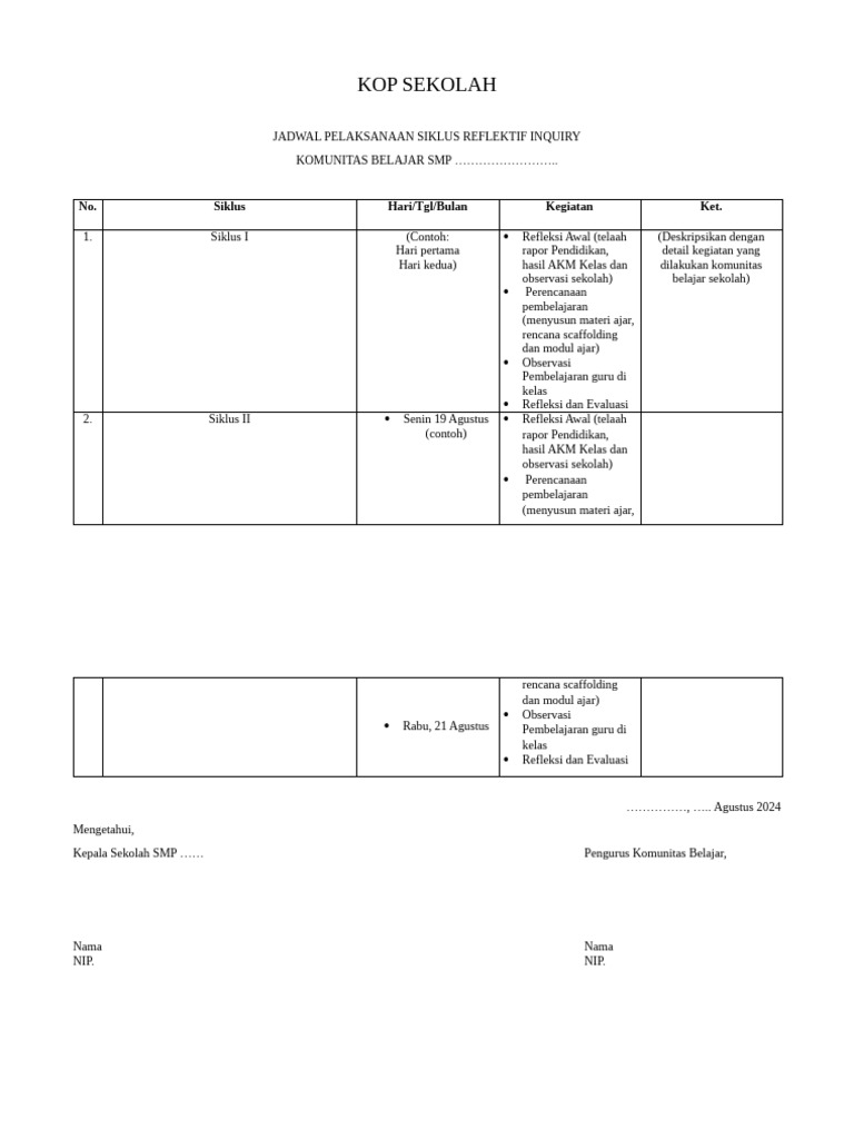Jadwal Siklus Reflektif SMP 2024 | PDF