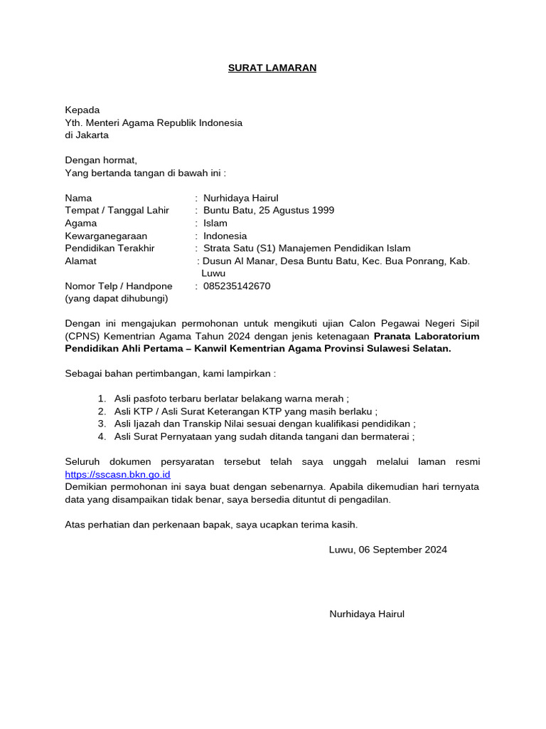 Surat Lamaran CPNS Kementerian Agama 2024 | PDF