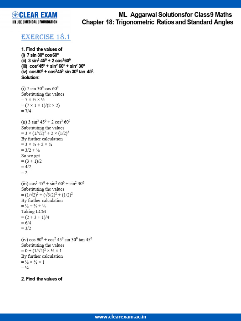 Chapter 18 Trigonometric Ratios and Standard Angles | PDF ...