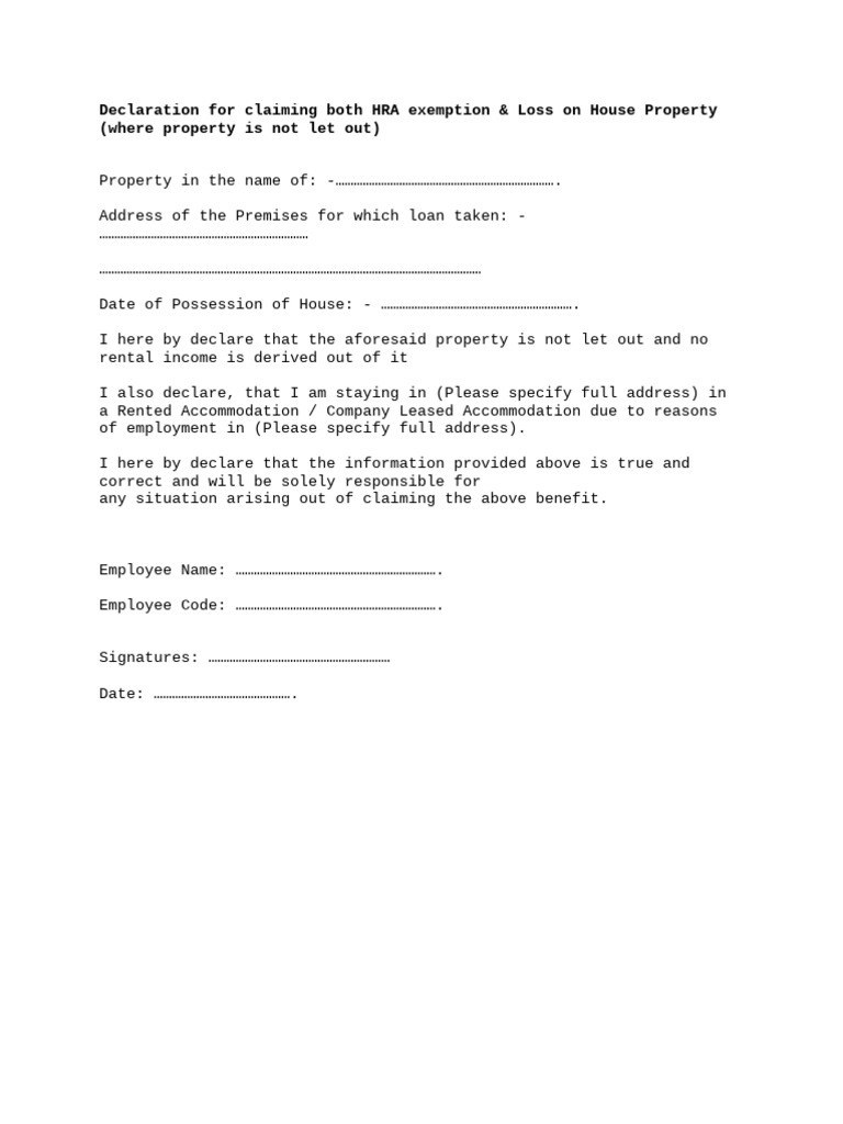 HRA Declaration for Non-Let Property | PDF