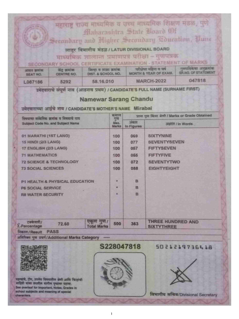 10th Marks Certificate | PDF